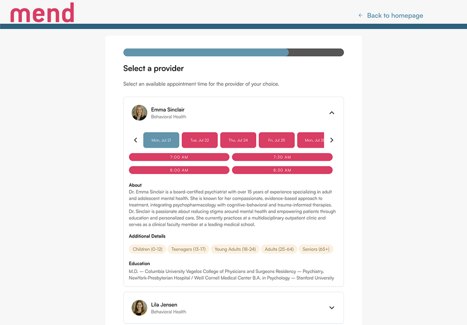 Mend Access: Online Scheduling for Mental Healthcare